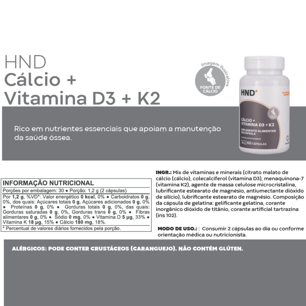Cálcio + Vitamina D3 + K2 em 60 Cápsulas HND - Hinode | Loja Oficial